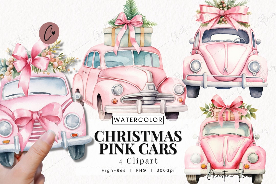 Watercolor Pink Christmas Cars Clipart, Watercolor Christmas Clipart ...