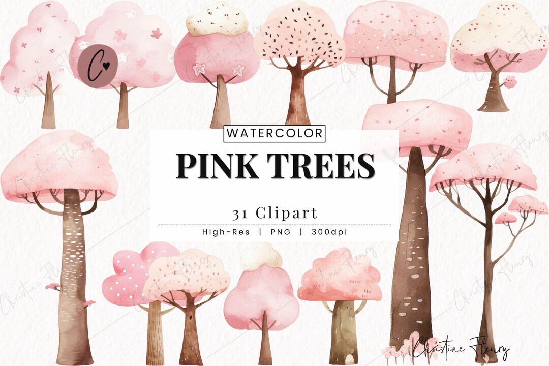 Watercolor Pink Tree Clipart, Cute Tree PNG, Camping Birthday Party ...