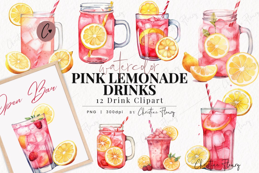 Watercolor Pink Lemonade Drinks Clipart, Watercolor Mason Jar Clipart ...