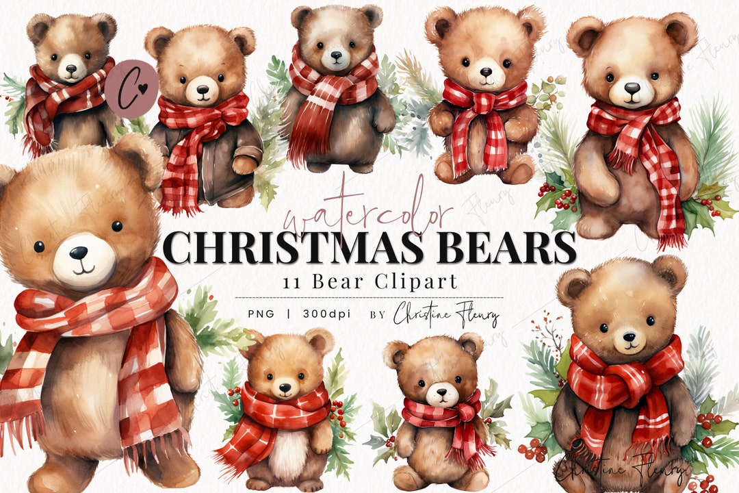 Watercolor Christmas Bears Clipart, Watercolor Christmas Clipart, Bear ...