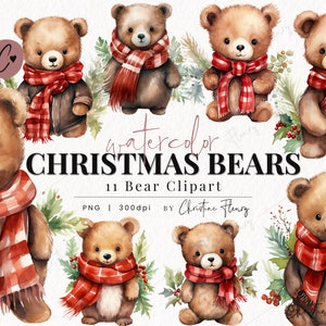 Watercolor Christmas Bears Clipart, Watercolor Christmas Clipart, Bear ...