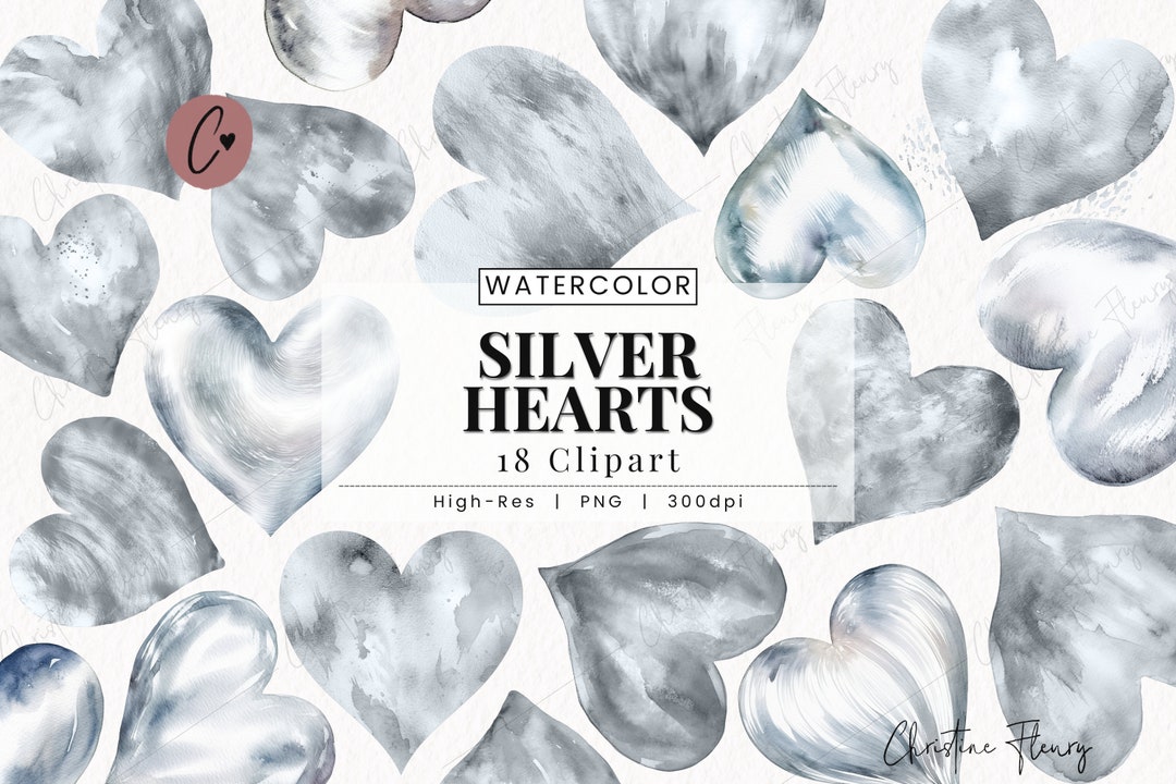 Watercolor Silver Hearts Clipart, Heart Valentine's Day PNG, Valentine ...