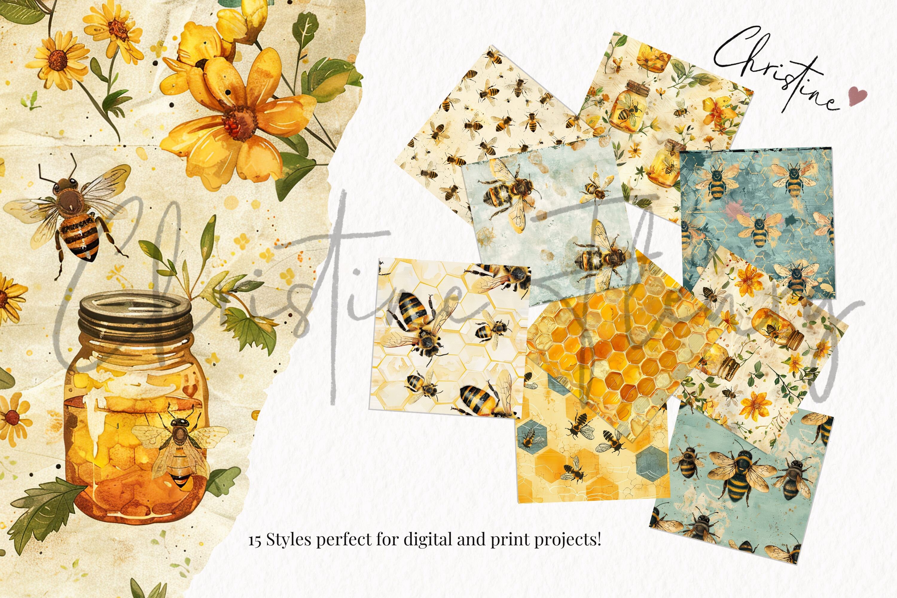 Seamless Cottagecore Honey Bee Digital Paper, Honey Bee Patterns ...
