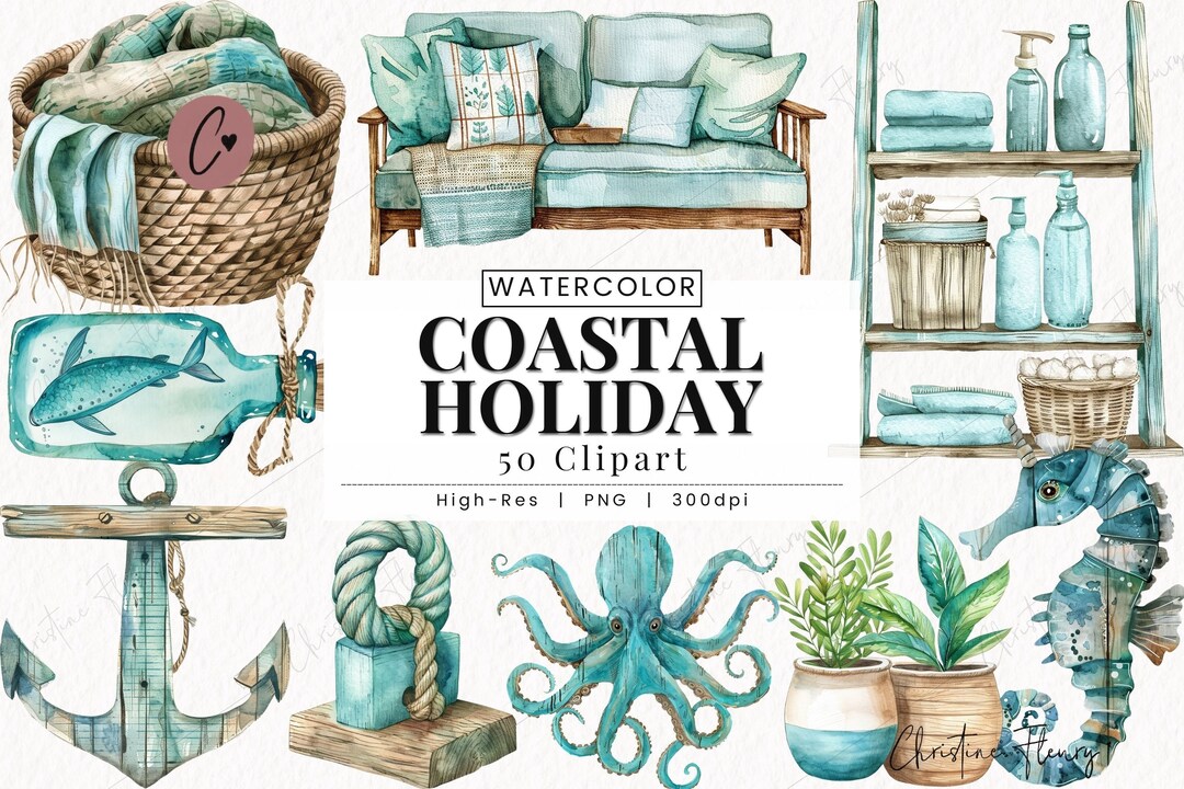 Watercolor Coastal Holiday Clipart, Beach PNG, Watercolor Summer ...