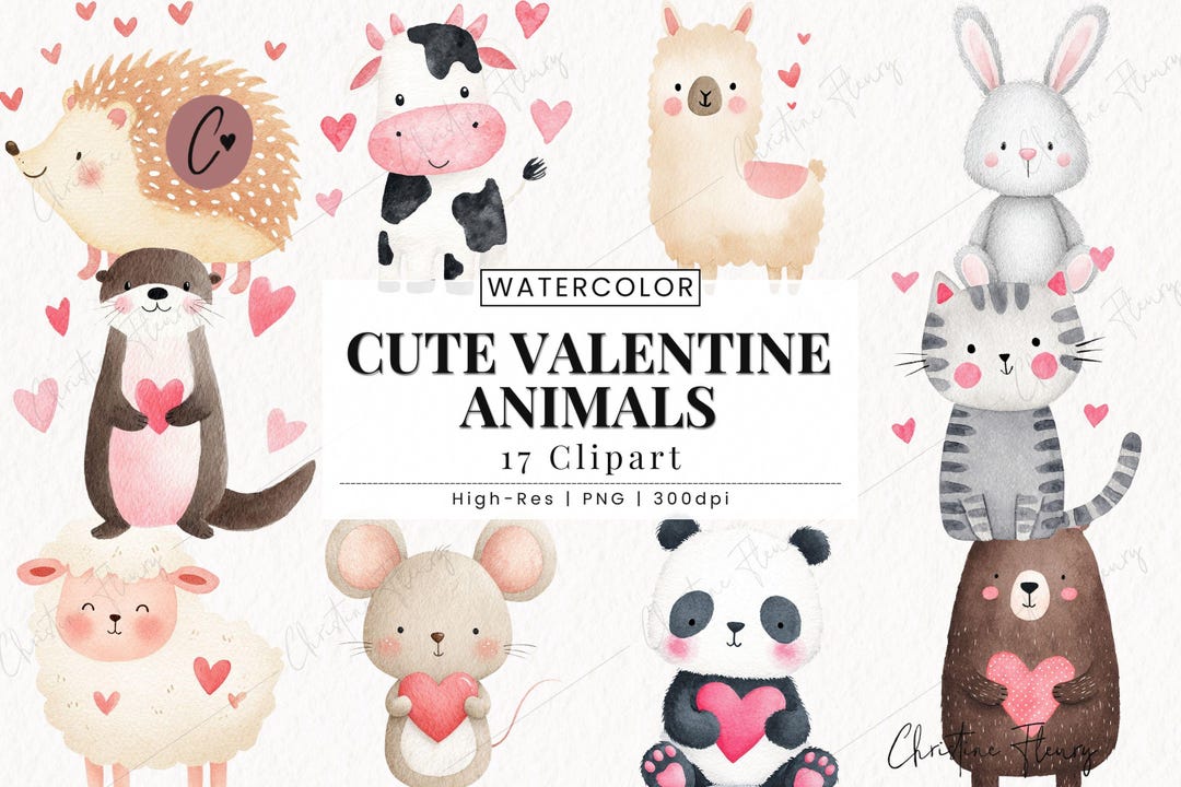 Cute Valentine Animals Clipart Bundle, Kids Valentines Day Png ...