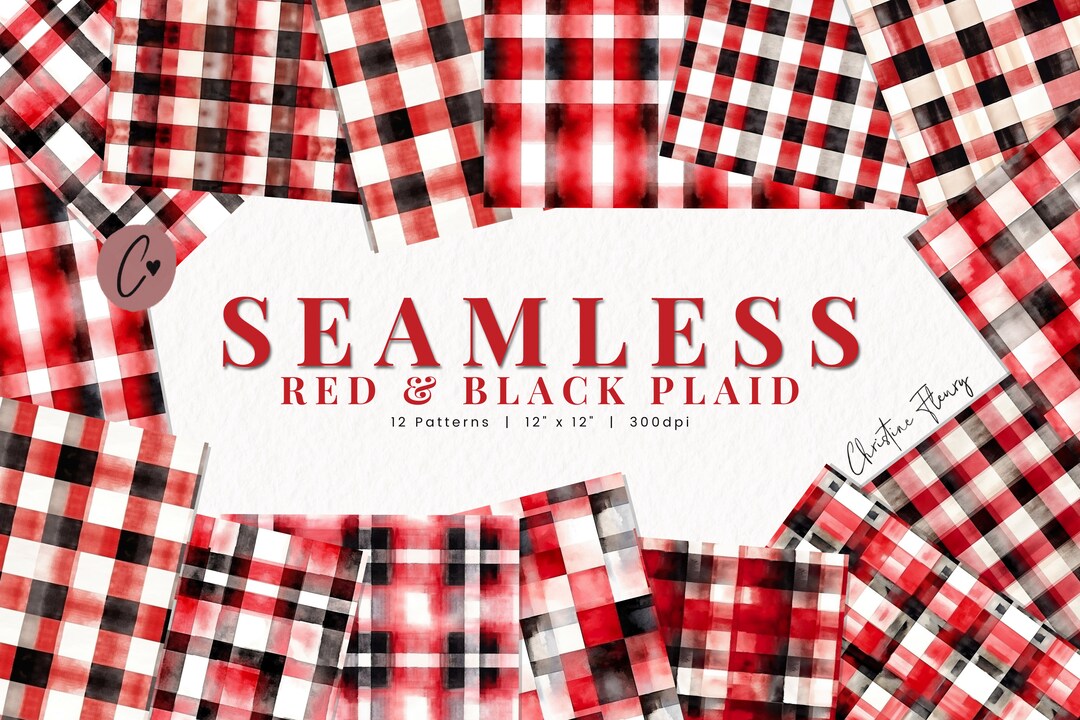 Seamless Red & Black Plaid Digital Paper, Red Plaid Watercolor Patterns ...