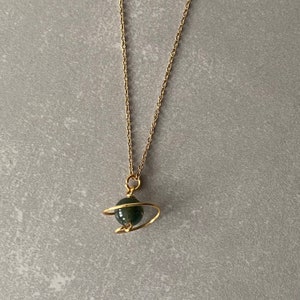 Dainty Saturn Pendant Necklace Women Moss Agate Planet Necklace Wire ...