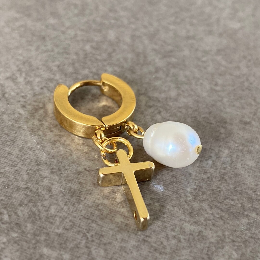 Cross Earrings Pearl Jesus Earrings Christian Hoop Earrings Jesus ...