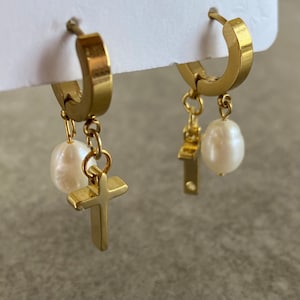 Cross Earrings Pearl Jesus Earrings Christian Hoop Earrings Jesus ...