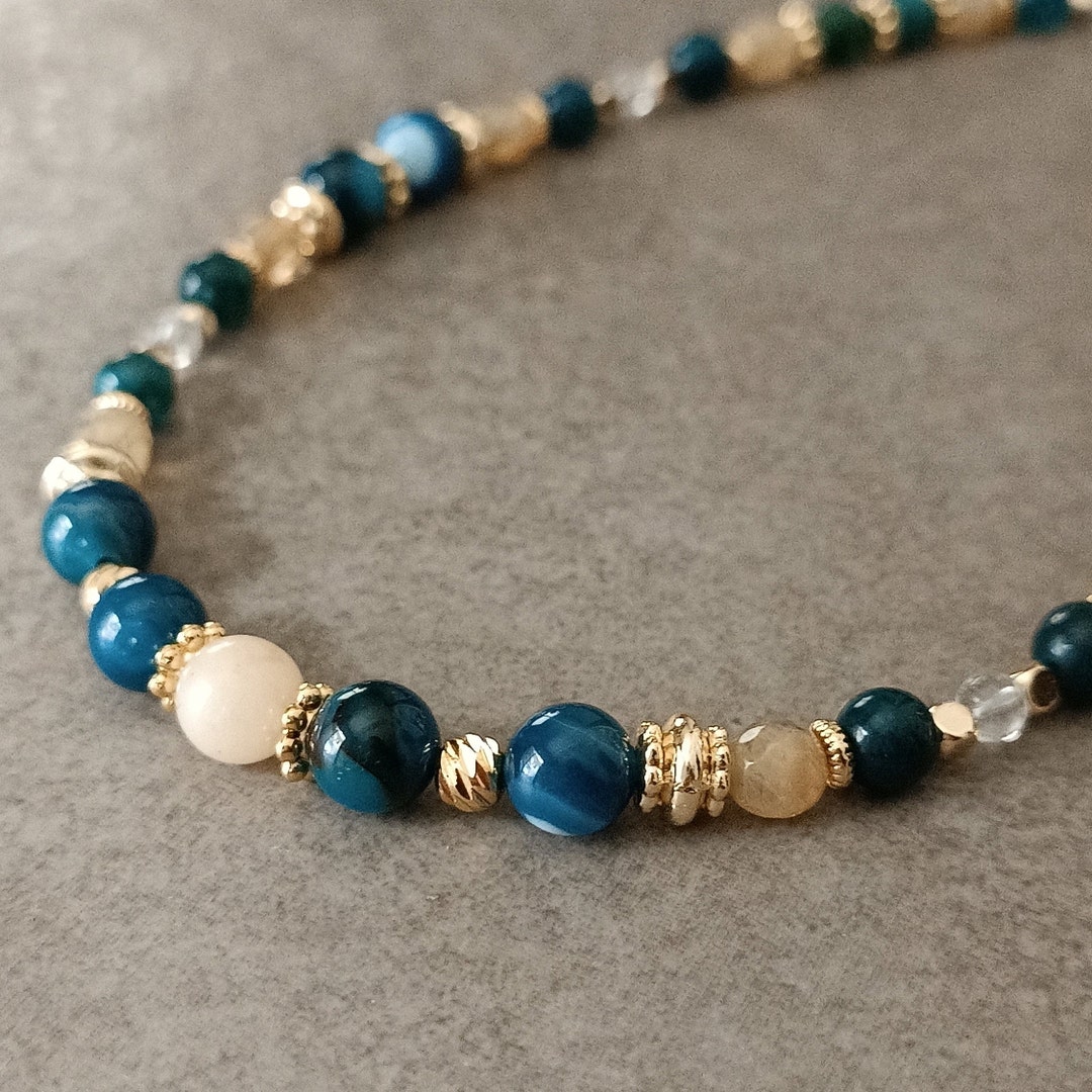 Blue Apatite Beaded Necklace: Elegant Agate & Quartz Gemstone Choker - Etsy