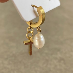 Cross Earrings Pearl Jesus Earrings Christian Hoop Earrings - Etsy