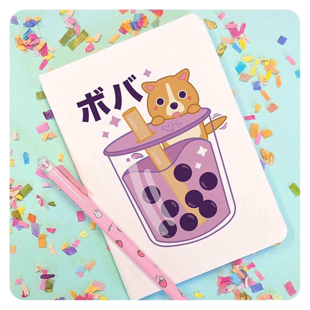 Boba Tea Dog Notebook Journal, Cute Kawaii Doggo With Boba Tea Purple ...