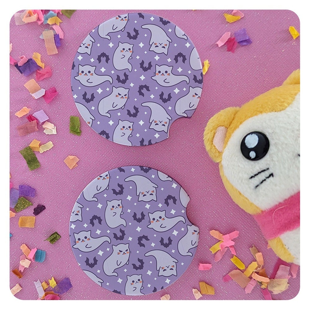 Kawaii Cat Ghosts Ceramic Car Coasters, Set of 2 Car Drink Holder ...