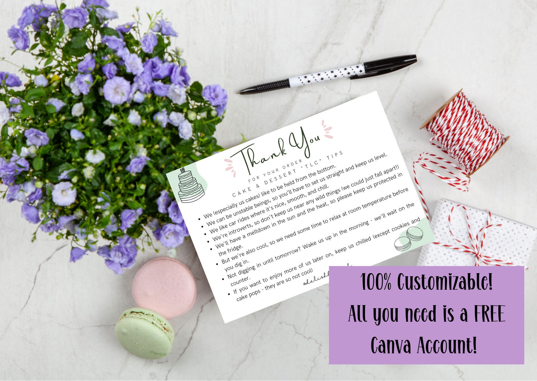 Cake Care Card, Dessert Care, Cake Care, Cake Care Template, Printable ...