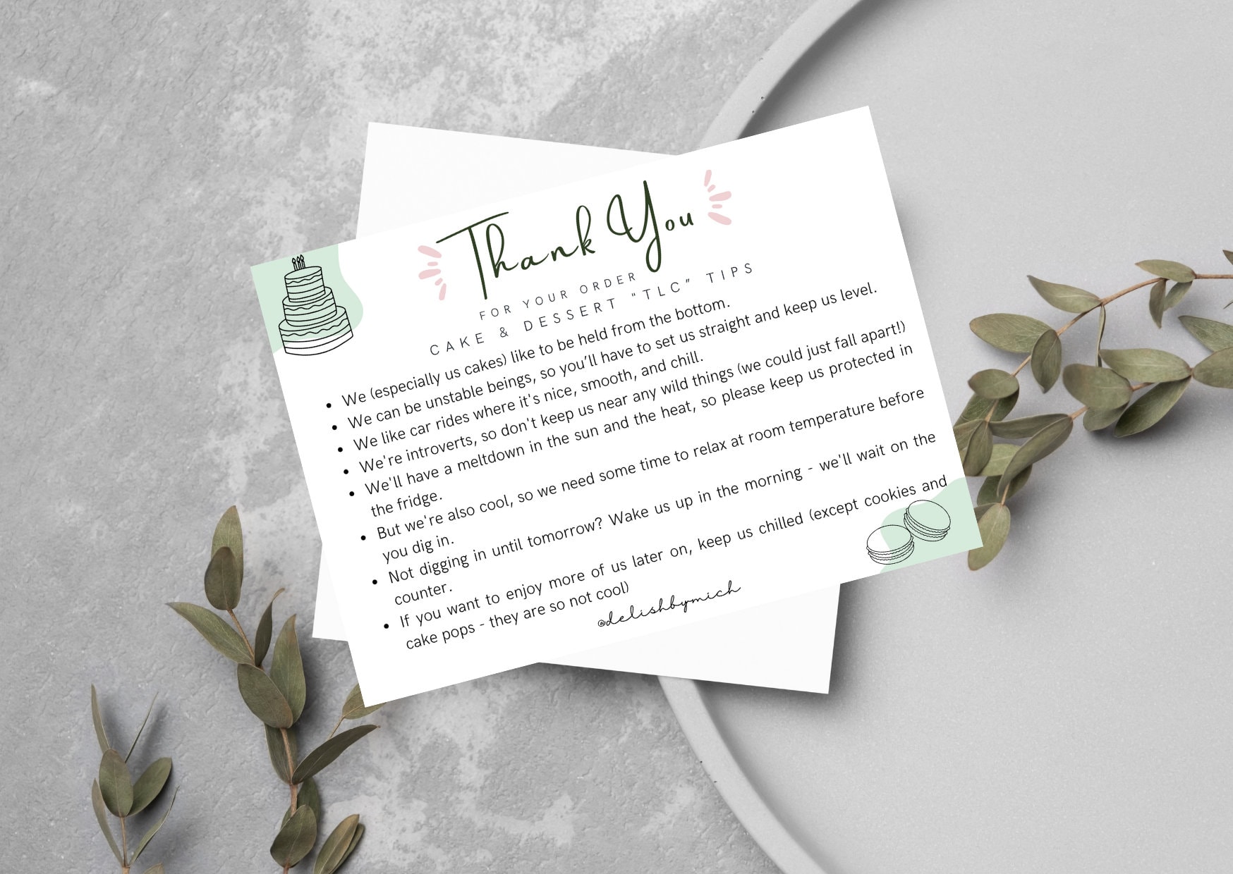 Cake Care Card, Dessert Care, Cake Care, Cake Care Template, Printable ...