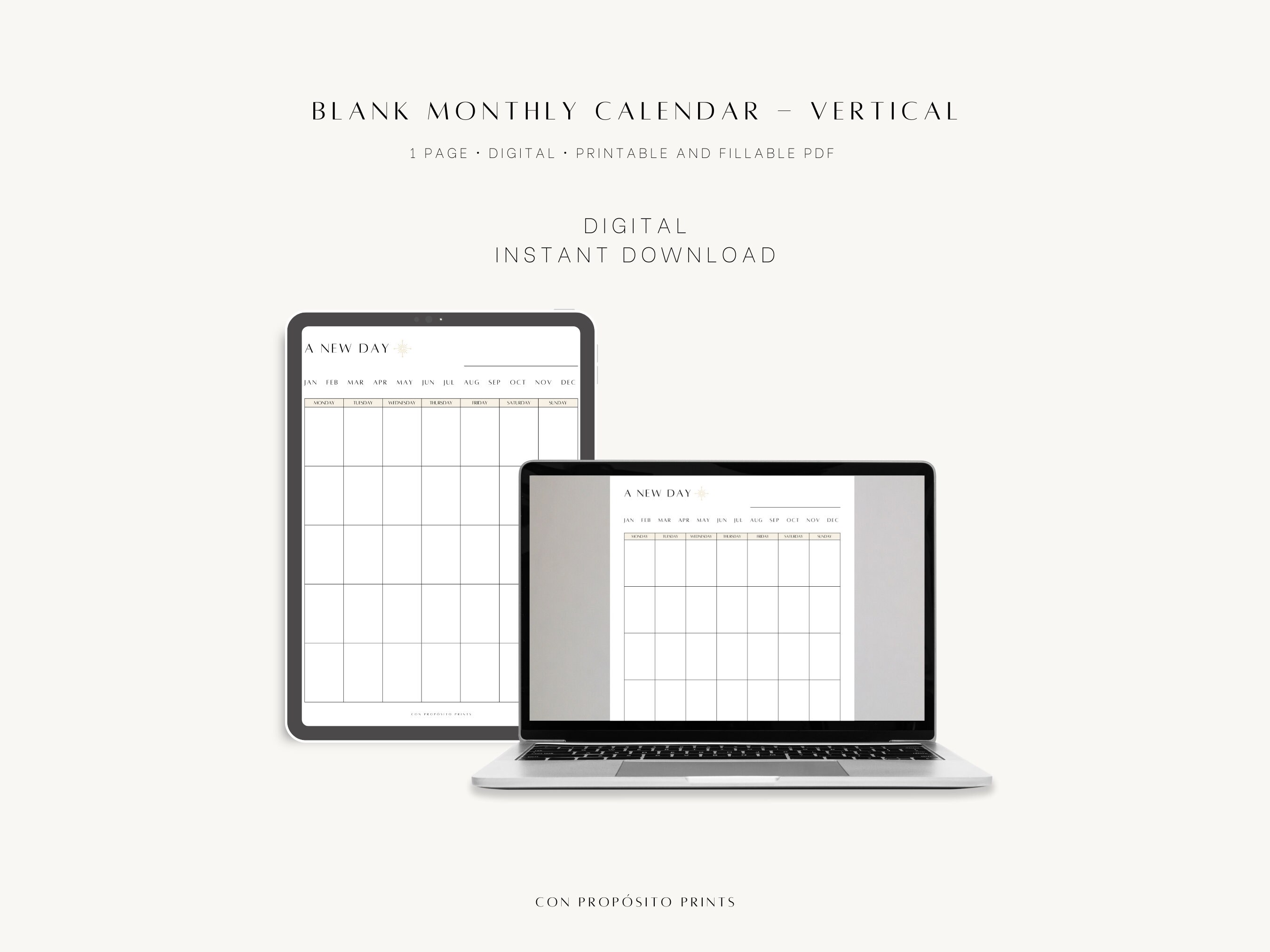 Blank Monthly Calendar, Minimalist Calendar, Fill in Calendar, Digital ...