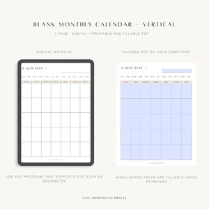 Blank Monthly Calendar, Minimalist Calendar, Fill in Calendar, Digital ...
