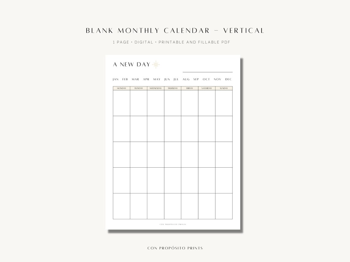Blank Monthly Calendar, Minimalist Calendar, Fill in Calendar, Digital ...