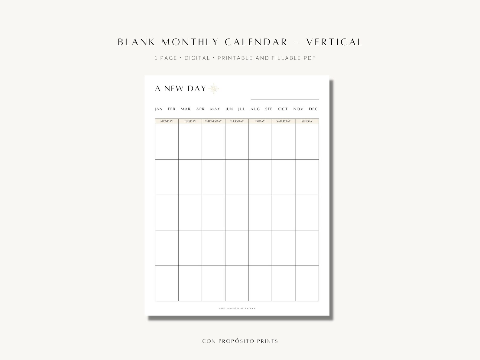 Blank Monthly Calendar, Minimalist Calendar, Fill in Calendar, Digital ...