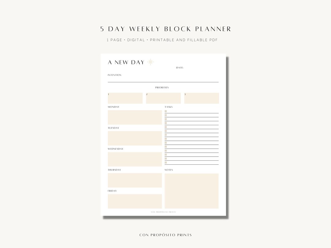 Five Day Weekly Block Planner, Weekly Schedule, Work Planner, Daily ...