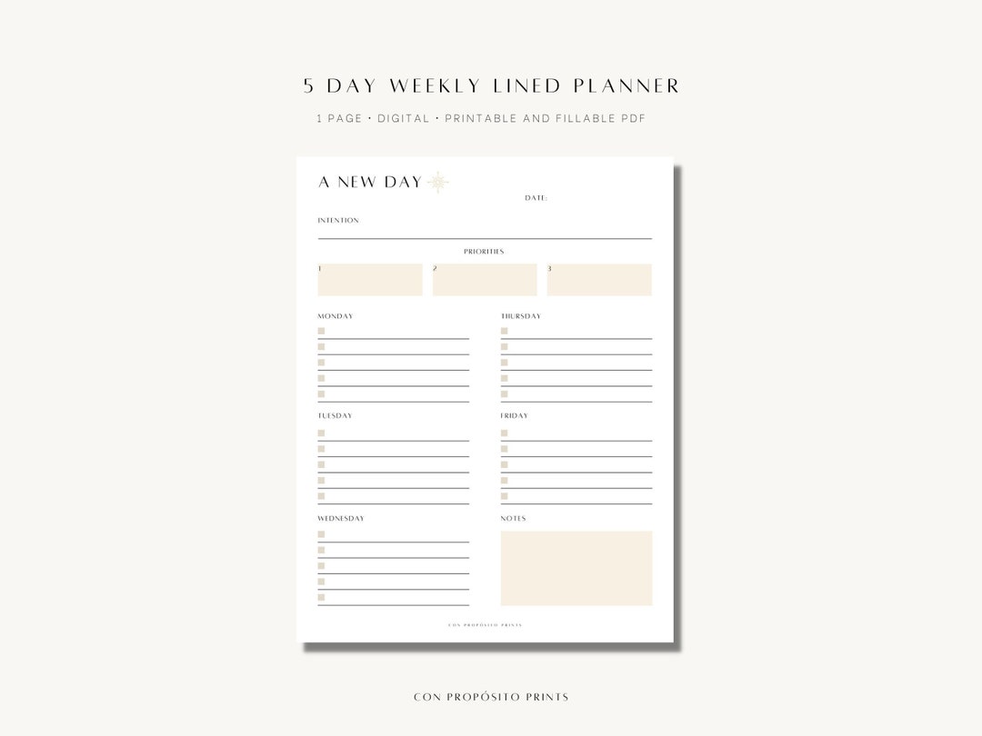 Five Day Weekly Lined Planner, Weekly Schedule, Work Planner, Daily ...