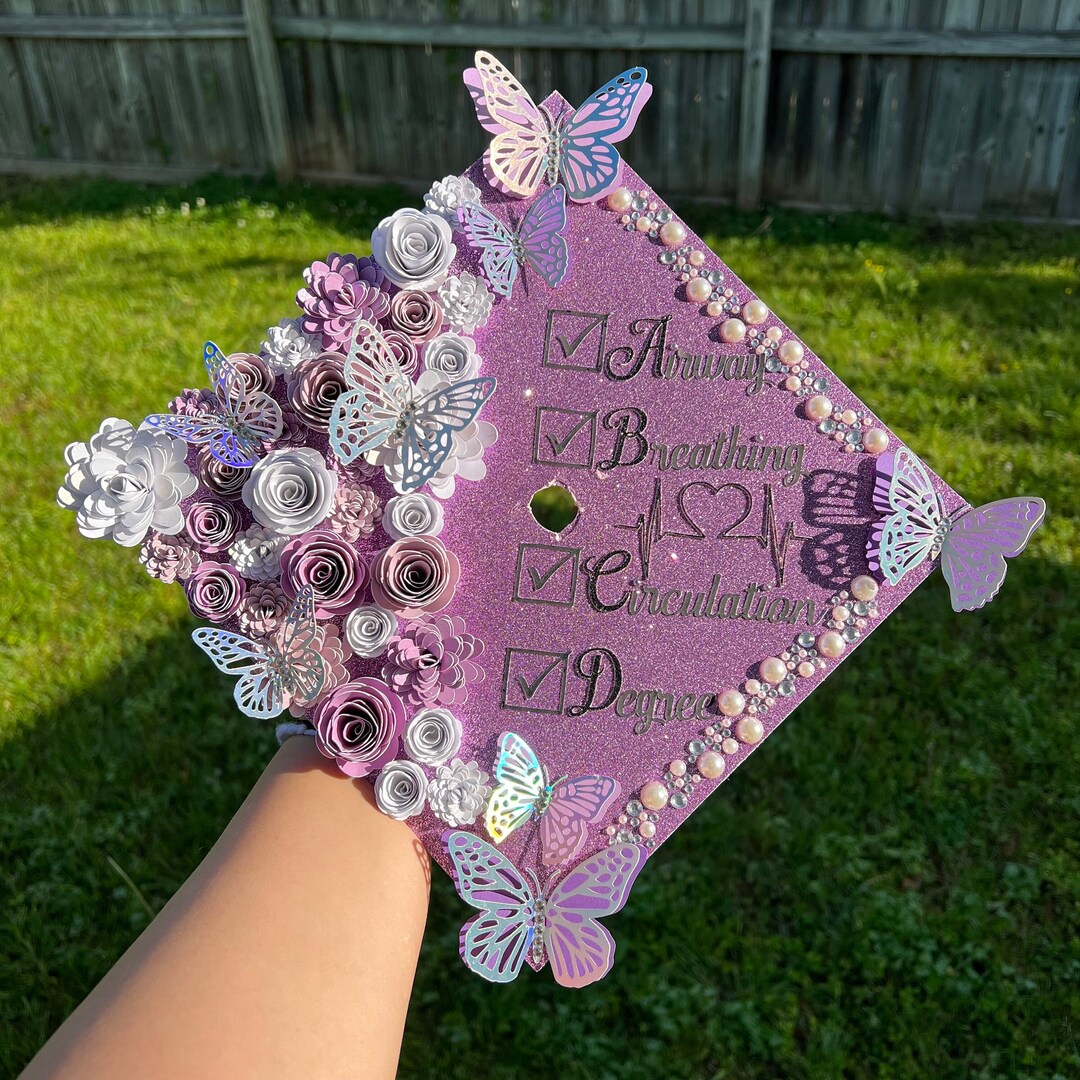 Custom Glitter Grad Cap W/ Layered Flowers | Rolled Flowers | Layered ...