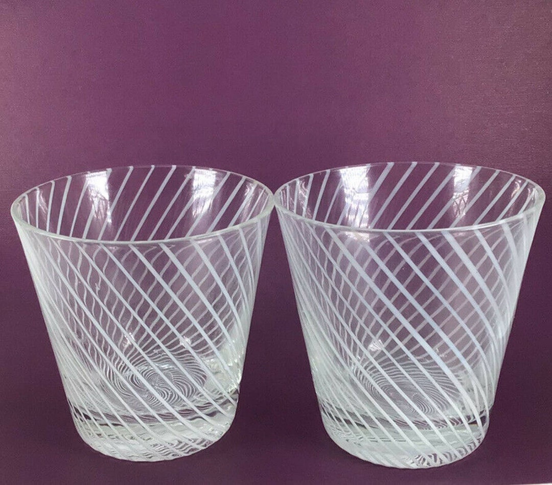 Hand Blow Art Glass Set of Two Drinking Glasses Clear With White Swirl ...