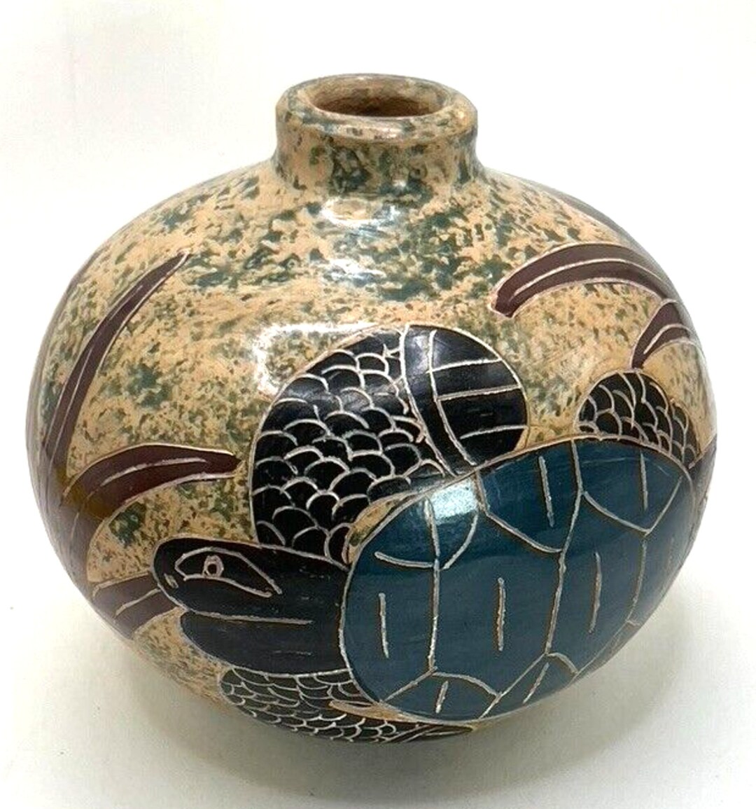 Turtles & Foliage Ceramic Vase Hand Etched - Etsy