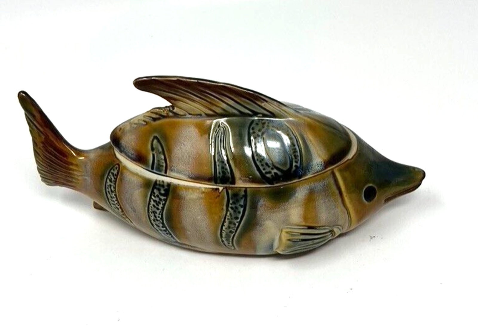 Art Glazed Pottery Fish Trinket Box Bowl With Lid Handmade Unmarked 7 ...