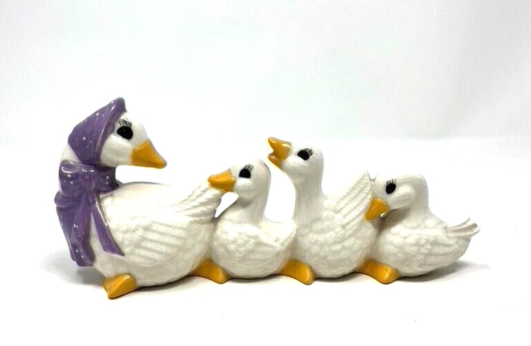 Ceramic Gaggle of Geese Goose Family in a Row Figurine With Purple ...