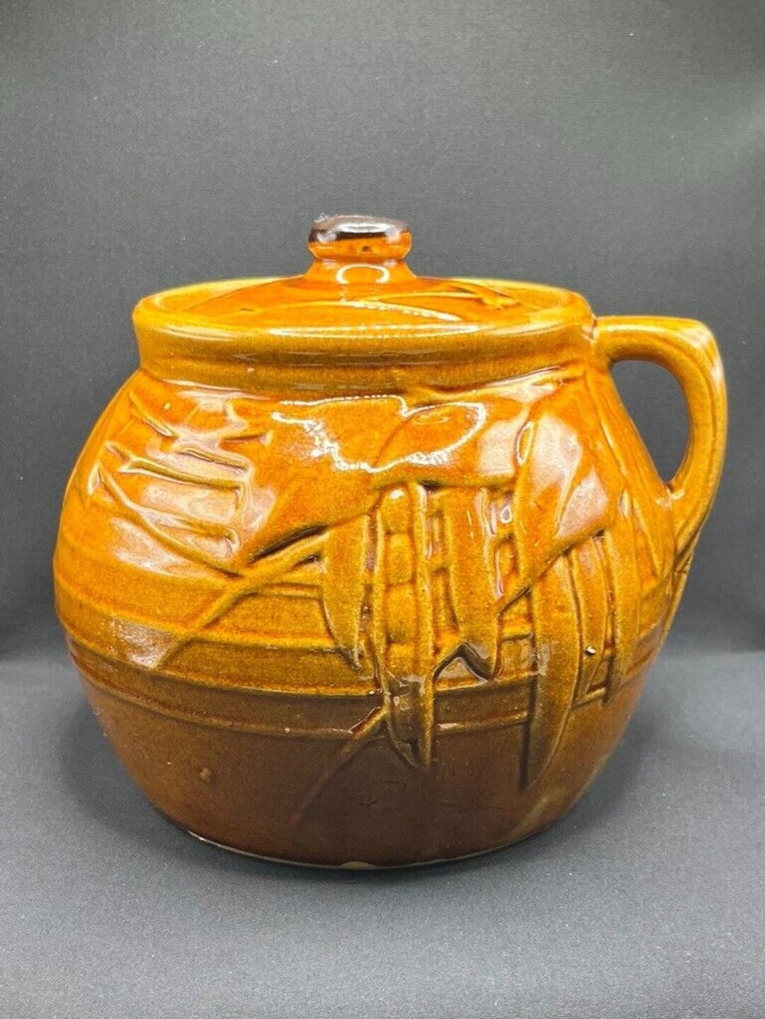 Vintage Mccoy Brown Pottery Handled Bean Pot W/ Embossed Pea Pod ...