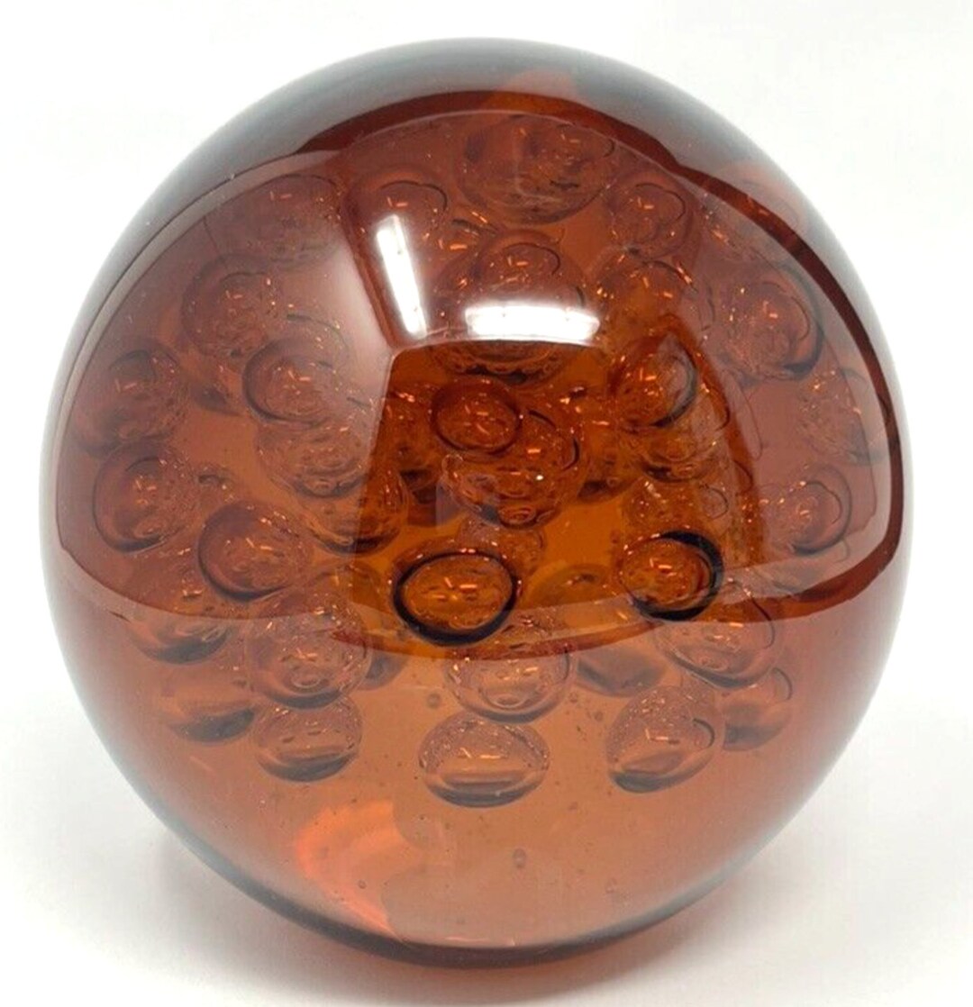 Large Murano Style Amber Glass Sphere Paperweight Controlled Bubbles 5. ...