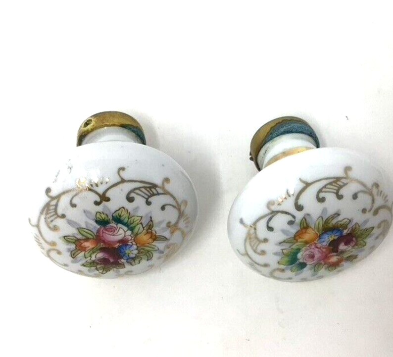 Antique Porcelain Doorknob Hand Painted Floral Design Gold Accents SET ...