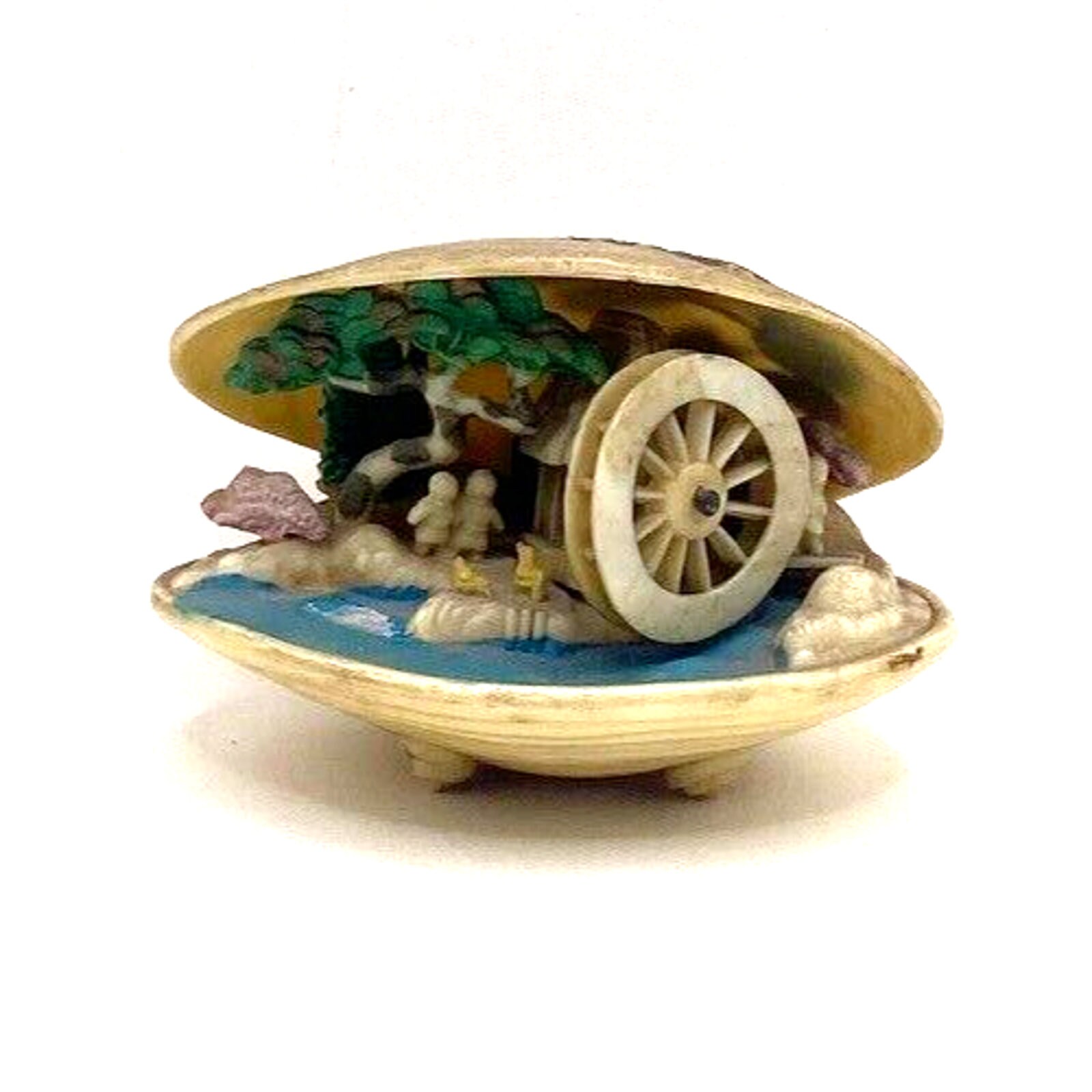 Vintage Japanese Carved Celluloid Clam Shell Diorama Tree Water Wheel ...