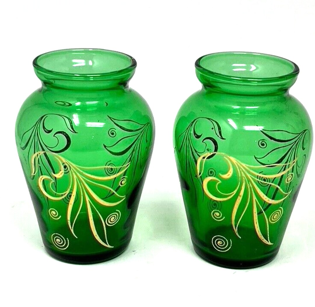 VINTAGE Anchor Hocking Emerald Green With Gold Gilding Bud Vases (set ...