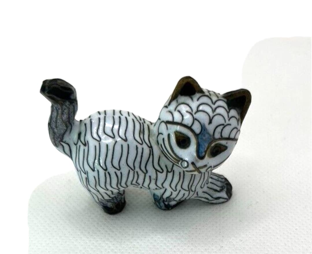 Vintage Chinese Cloisonne Brass Enamel Kitten Cat White and Blue. - Etsy