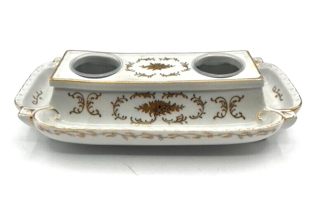 Antique Inkwell Desk Set Porcelain White With With Gold Removable ...
