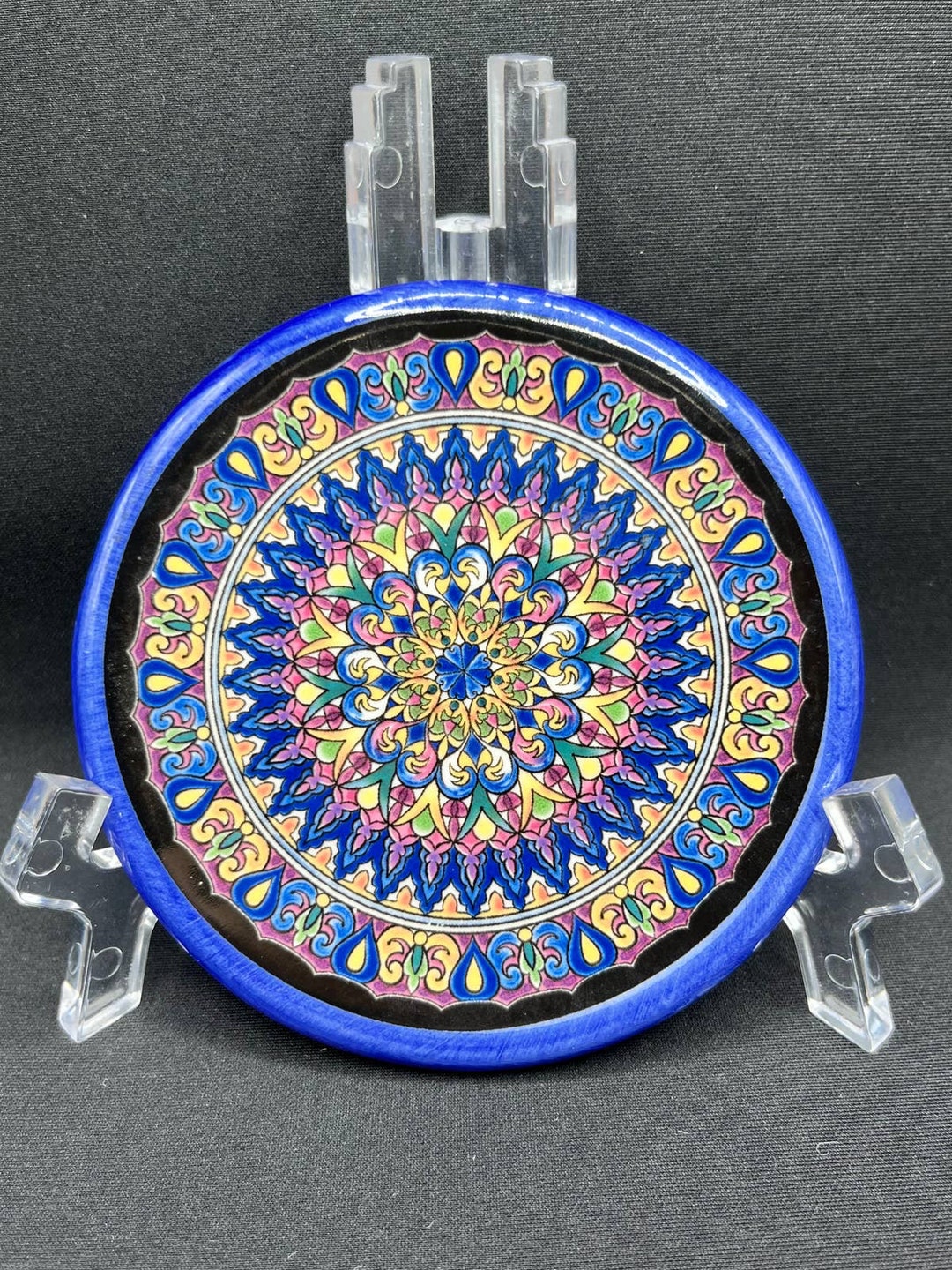 Round Wall Decor Ceramic Tile Blue and Pink Design 3 1/2" #3 - Etsy