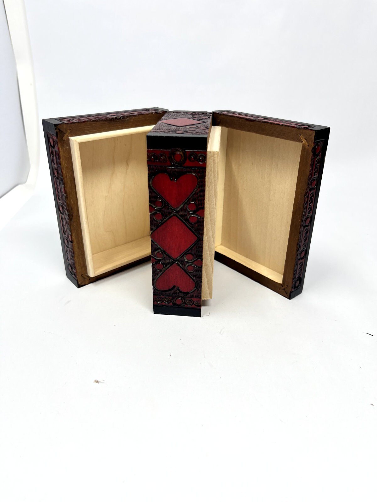 RARE Red Hand Made Wooden Triket Box Made in Poland Hearts Double Lid ...