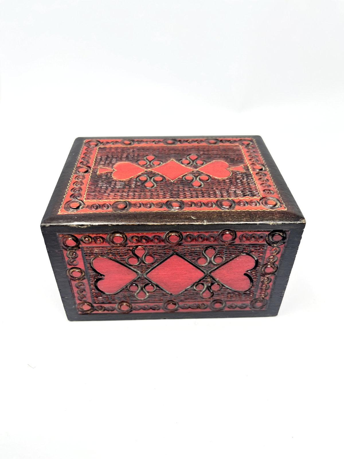 RARE Red Hand Made Wooden Triket Box Made in Poland Hearts Double Lid ...