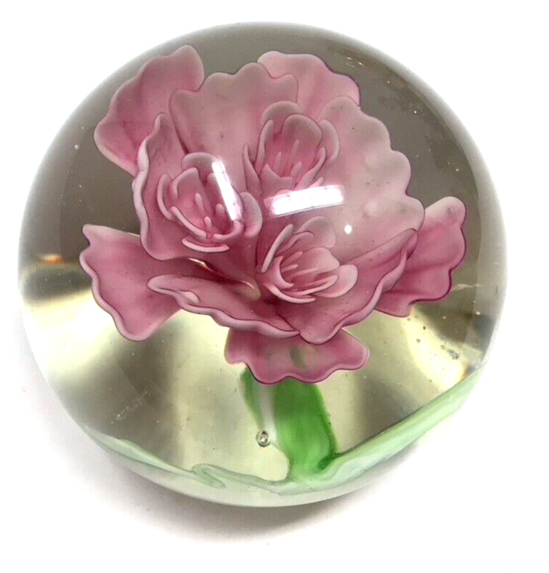 Paperweight Rose Peony Pink/white Hand Blown Round Clear Glass Floral ...