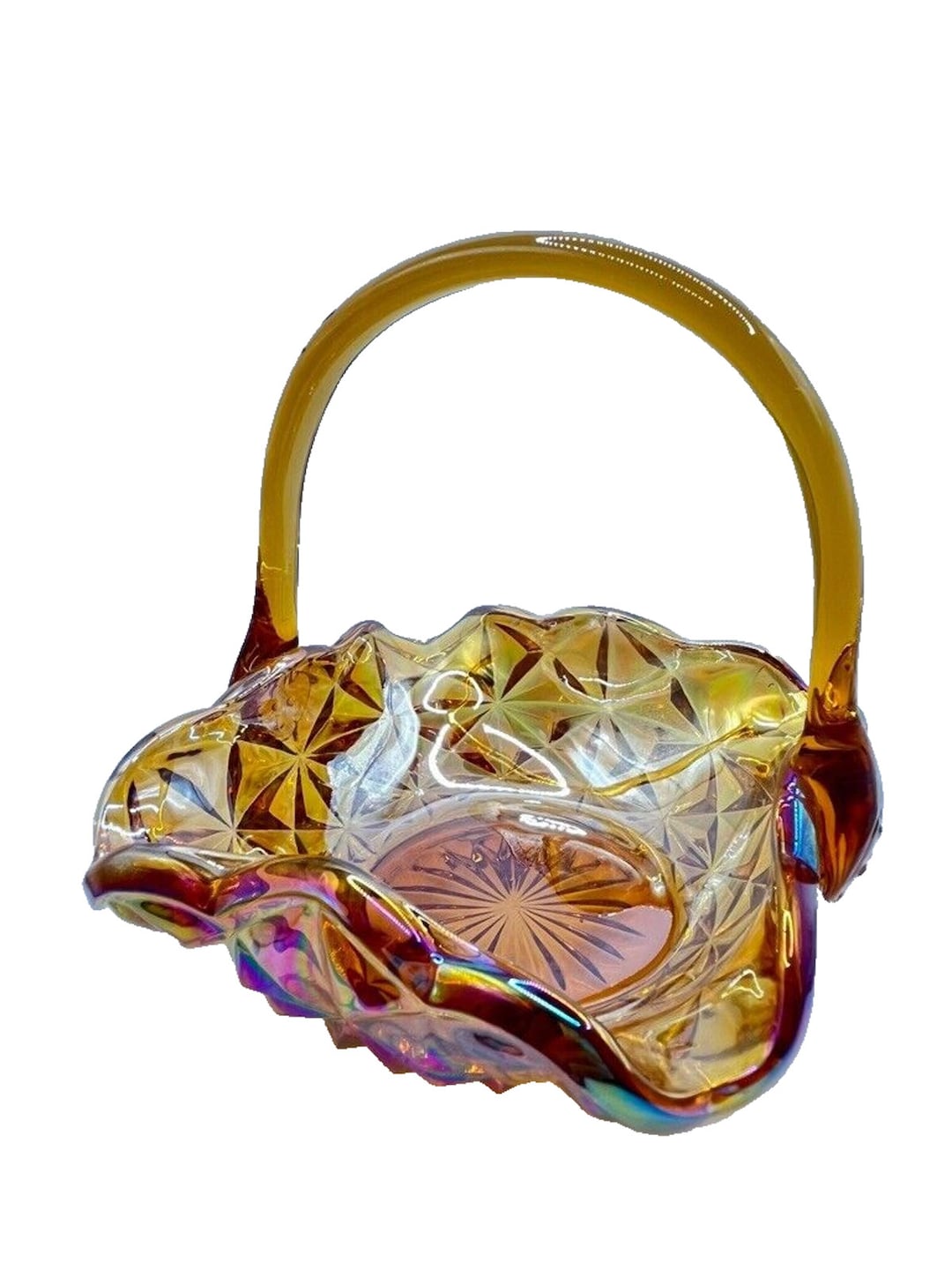 Vintage Amber Irridesent Carnival Glass Basket With Handle - Etsy