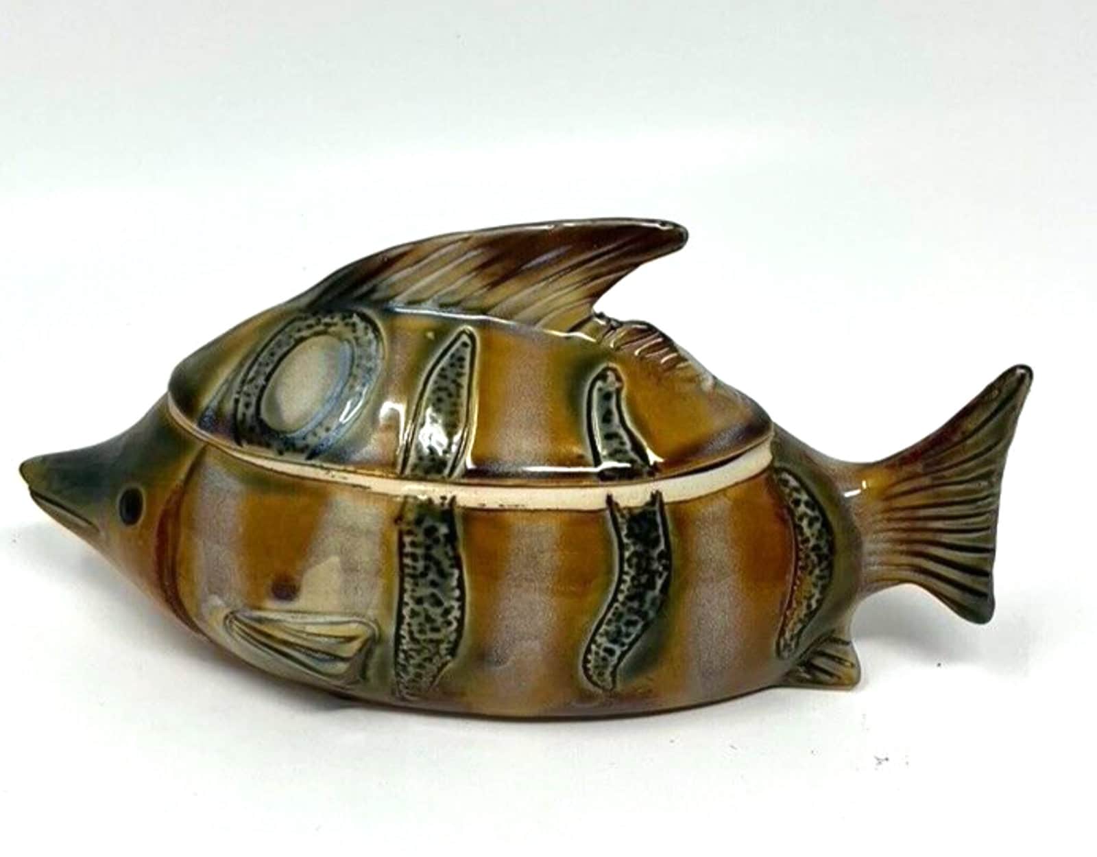Art Glazed Pottery Fish Trinket Box Bowl With Lid Handmade Unmarked 7 ...