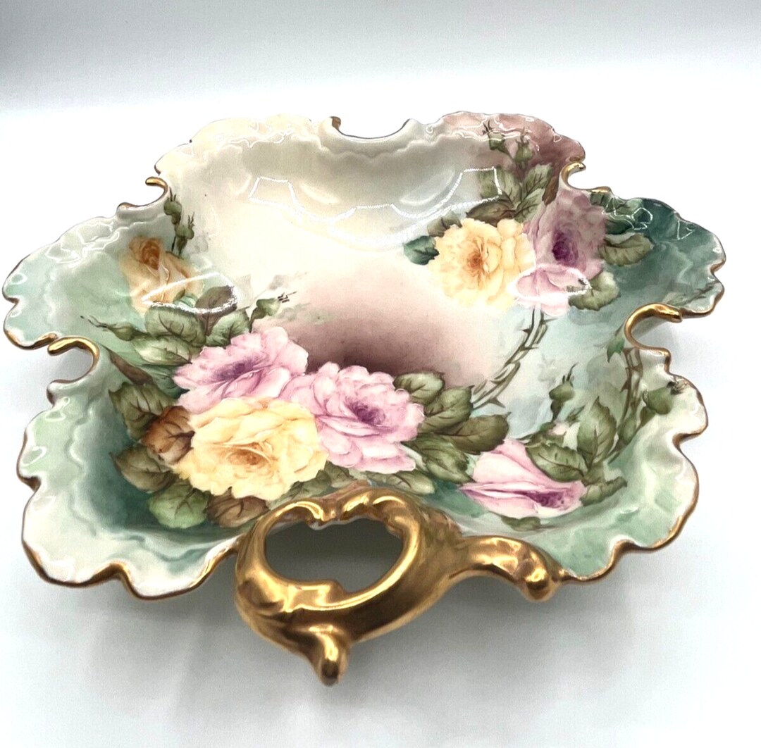 Vintage Hand Painted Roses Dish Gold Edging Artist Signed E. Jeness ...