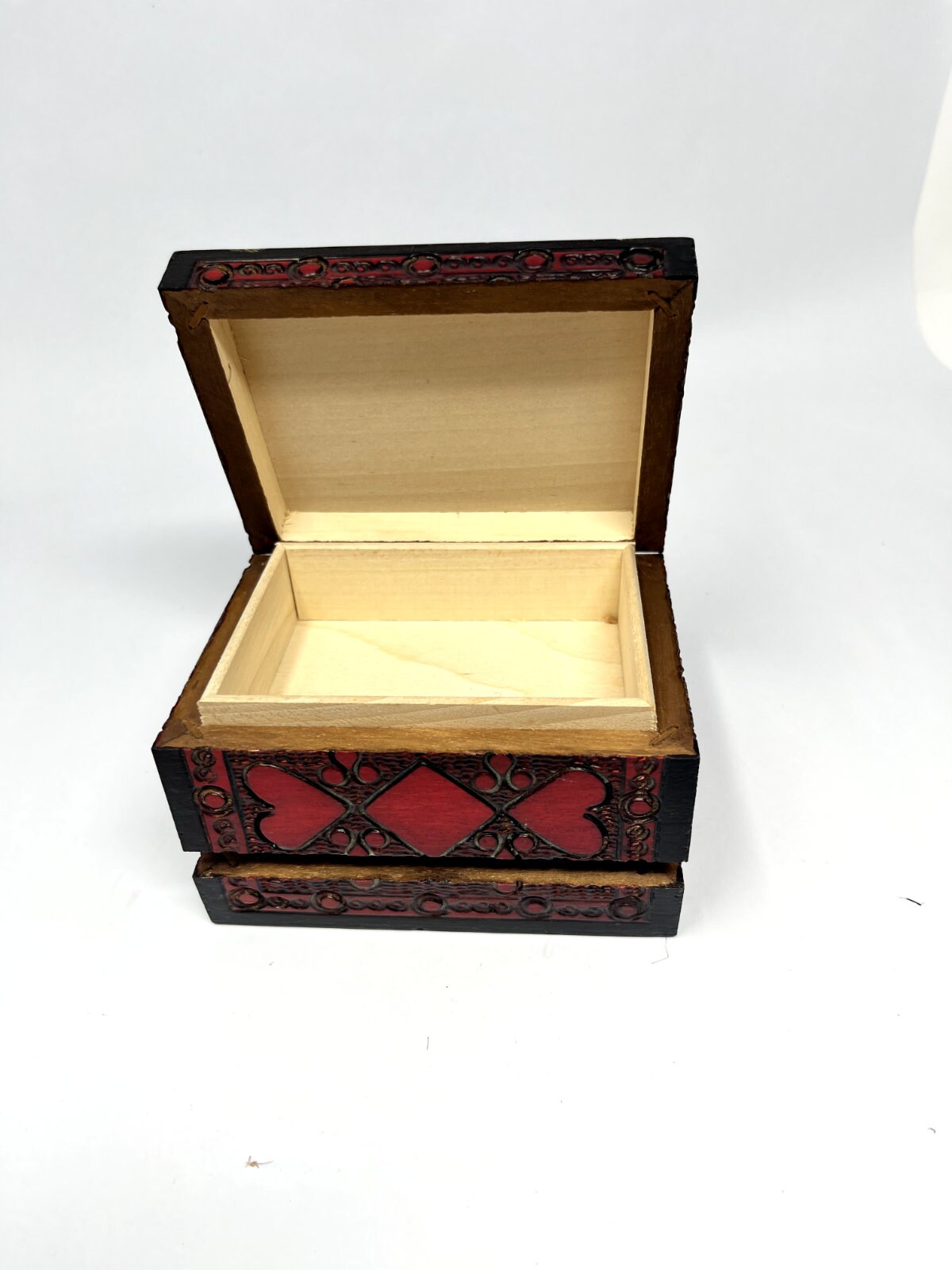RARE Red Hand Made Wooden Triket Box Made in Poland Hearts Double Lid ...