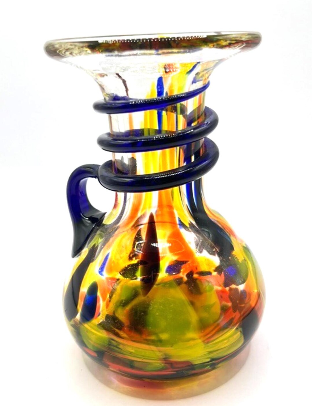 Hand Blown Bohemian Spatter Yellow Orange Glass Applied Cobalt Swirl ...