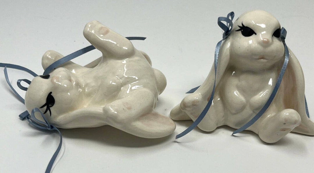Vintage Ceramic Rabbit Figurines Easter Bunnies With Blue Ribbons Set ...