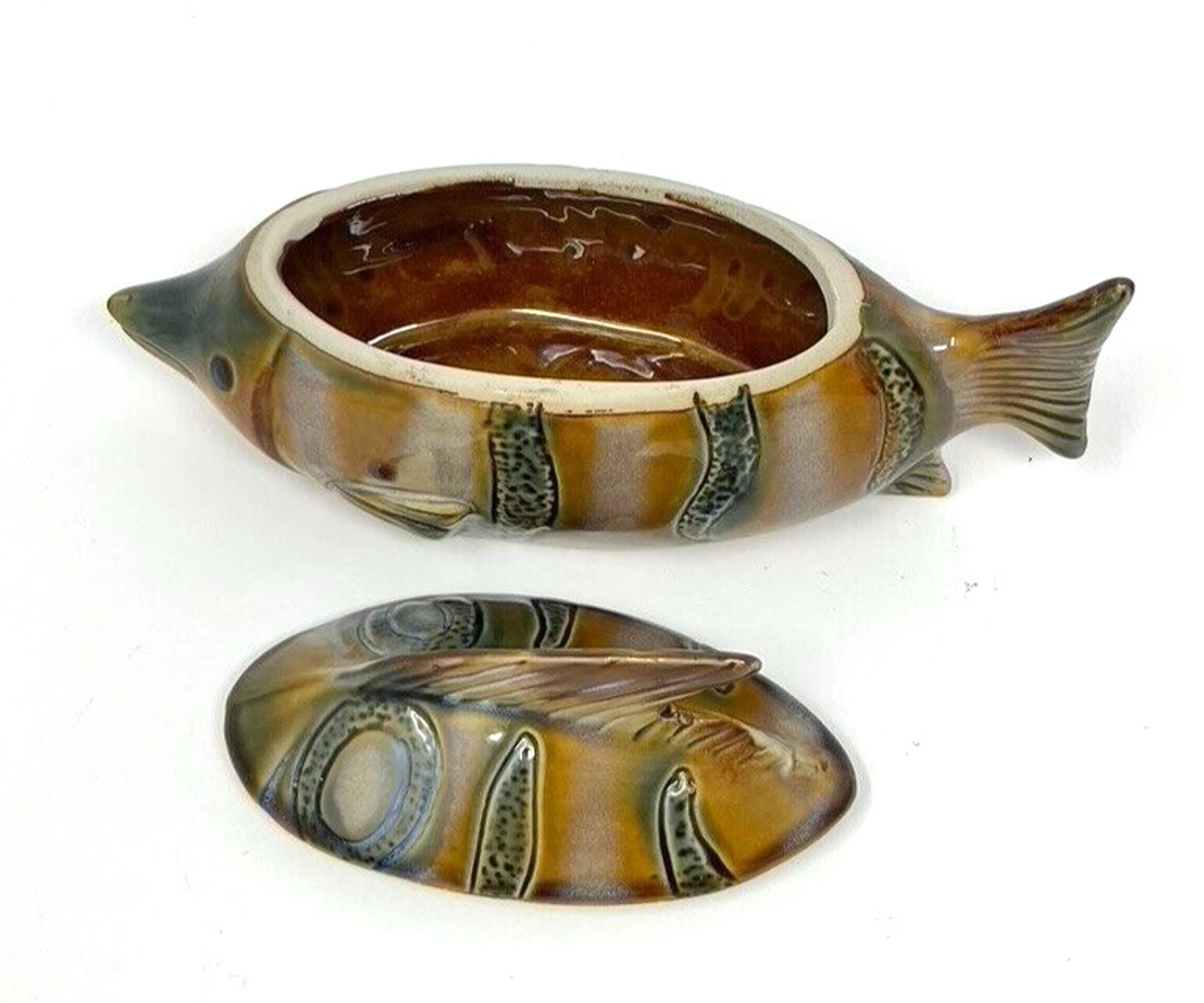 Art Glazed Pottery Fish Trinket Box Bowl With Lid Handmade Unmarked 7 ...