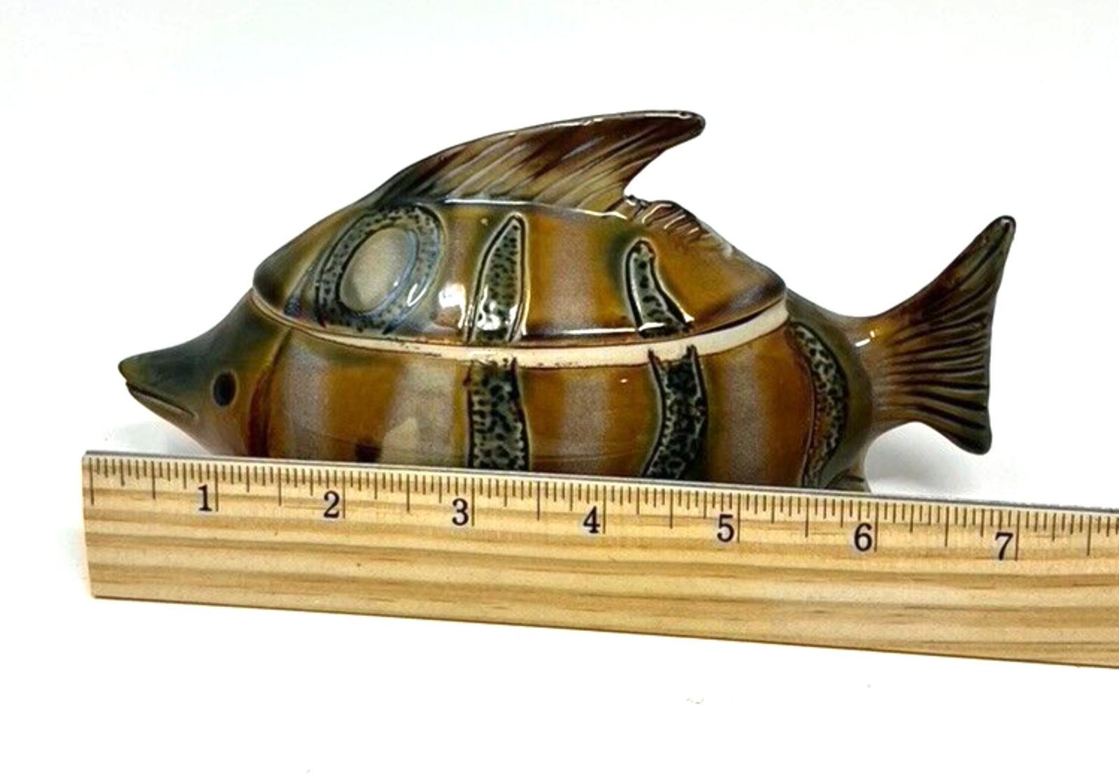 Art Glazed Pottery Fish Trinket Box Bowl With Lid Handmade Unmarked 7 ...