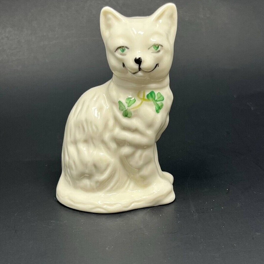 Belleek Fine Irish China Cat Figurine With Green Eyes 4" Very Good ...